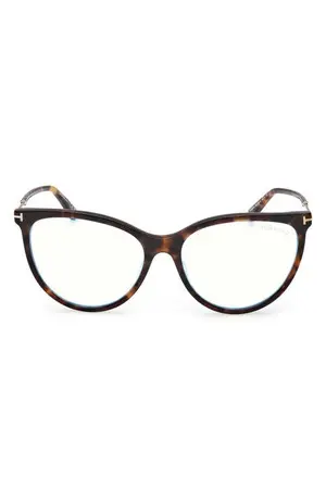 TOM FORD 56mm Cat Eye Optical Glasses - Havana / T Logo / Blue Block