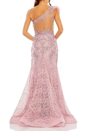 Mac Duggal Embroidered Applique Feathered One Shoulder Gown - Rose