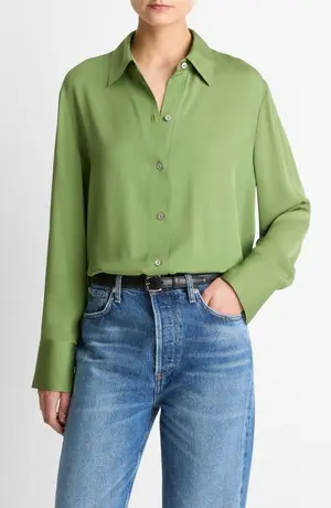 Vince Vince Stretch Silk Button-Up Shirt Clover