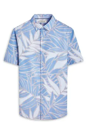 Bugatchi Orson Leaf Print Short Sleeve Stretch Cotton Button-up Shirt