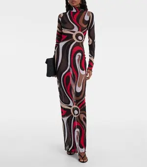 Emilio Pucci Printed Tulle-trimmed Jersey Maxi Dress