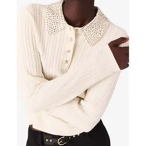 Maje Rhinestone-embellished Collar Wool-blend Polo