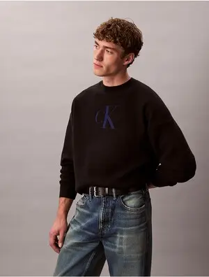 Calvin Klein Cotton Blend Monogram Relaxed Sweater - Black