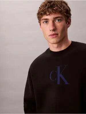 Calvin Klein Cotton Blend Monogram Relaxed Sweater - Black