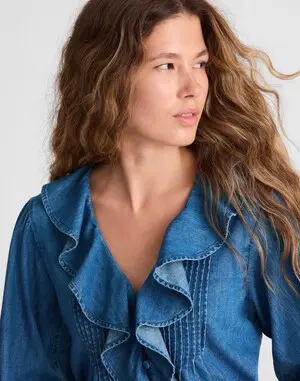 Madewell Denim Pintuck Ruffled Top - Lambertville Wash