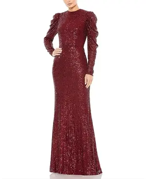Mac Duggal Sequined High Neck Puff Long Sleeve Column Gown - Wine