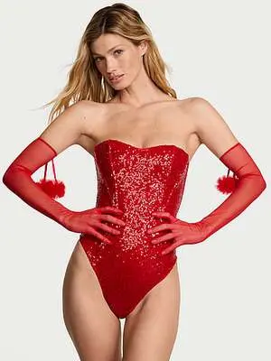 Victoria's Secret Very Sexy Sequin Bodysuit And Gloves Set - Print