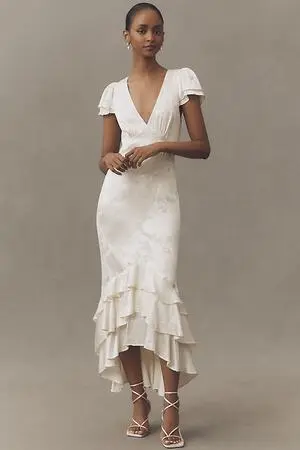 Bhldn Ruffle V-neck Textured Midi Dress