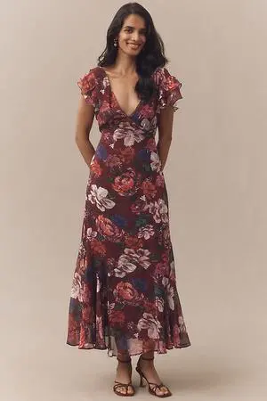 Bhldn Flutter-sleeve Plunging Maxi Dress
