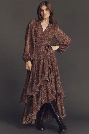 HUTCH Helen Long-sleeve Ruffled Maxi Dress - Brown Pattern