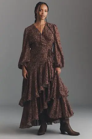 HUTCH Long-sleeve Ruffled Wrap Maxi Dress