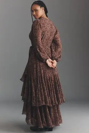 HUTCH Long-sleeve Ruffled Wrap Maxi Dress