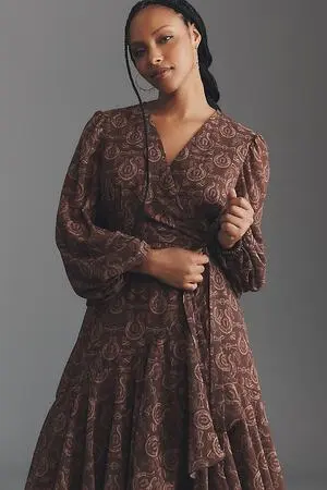 HUTCH Long-sleeve Ruffled Wrap Maxi Dress