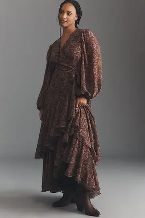 HUTCH Long-sleeve Ruffled Wrap Maxi Dress