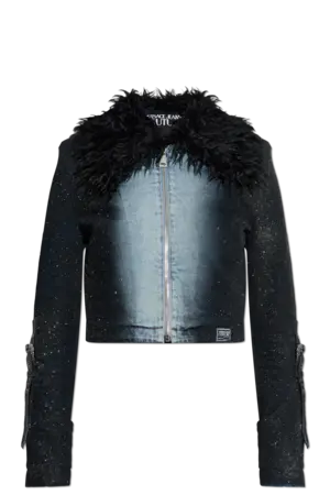 Versace Denim Jacket With Glitter And Fur Collar