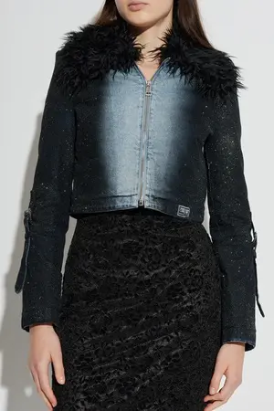 Versace Denim Jacket With Glitter And Fur Collar