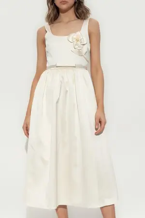 SELF-PORTRAIT Satin Midi Dress With Floral Detail - Cream