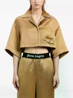 Palm Angels Monogram-embroidered Satin Cropped Shirt - Neutrals