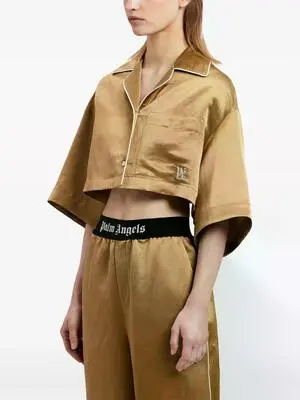 Palm Angels Monogram-embroidered Satin Cropped Shirt - Neutrals