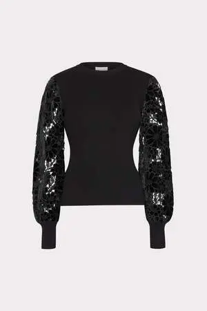 MILLY Velvet Lace Sleeve Sweater