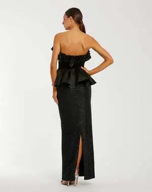 Mac Duggal Strapless Satin Peplum Sequin Column Gown