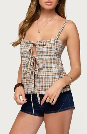 EDIKTED Plaid Tie Front Camisole