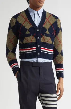 Thom Browne Argyle Intarsia Shrunken Cardigan - Navy