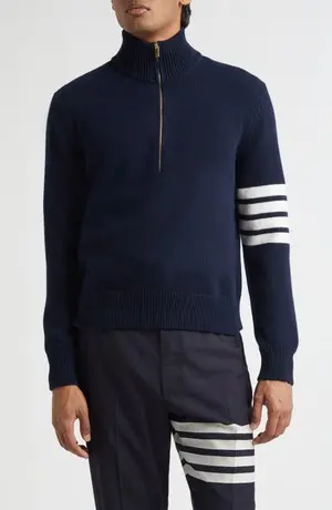 Thom Browne 4-bar Jersey Stitch Virgin Wool Half Zip Sweater - Navy