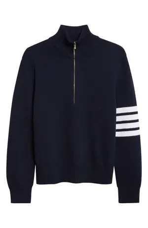Thom Browne 4-bar Jersey Stitch Virgin Wool Half Zip Sweater - Navy