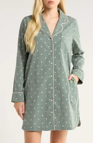 Nordstrom Classic Piped Cotton Nightshirt - Green- Pink Heart Stripe