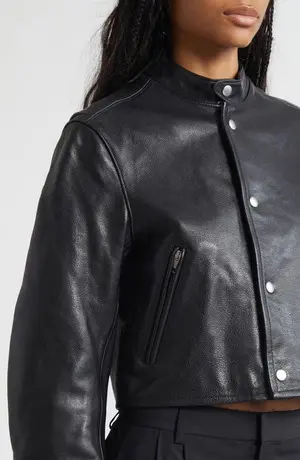 Alexander Wang Curved Sleeve Cropped Leather Moto Jacket