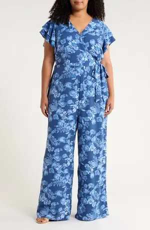 SUGARLIPS Floral Wide Leg Jumpsuit - Navy-blue