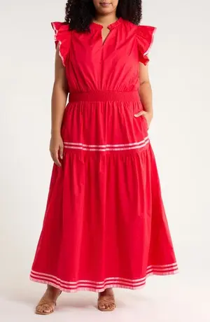 SUGARLIPS Solene Ruffle Cotton Maxi Dress - Cherry