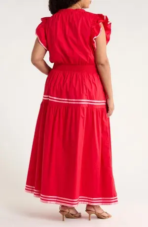 SUGARLIPS Solene Ruffle Cotton Maxi Dress - Cherry