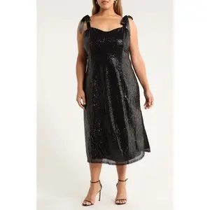 SUGARLIPS Sequin Tie Strap Midi Dress - Black