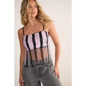 Nasty Gal Striped Sequin Tassel Crop Top - Pink