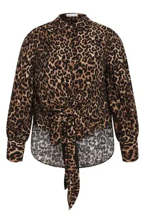 City Chic Ellie Long Sleeve Tie Front Shirt - Leopard