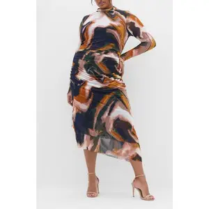 City Chic Zia Print Long Sleeve Ruched Mesh Dress - Glaze
