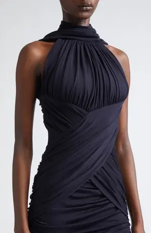 Balmain Draped Wool Jersey Midi Dress