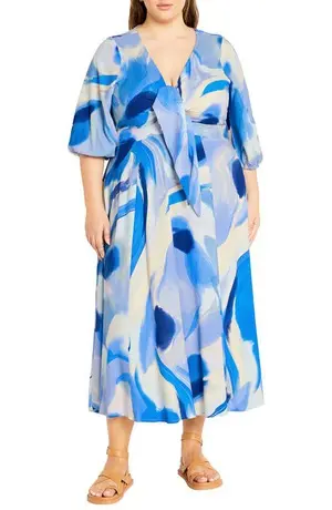 City Chic Swirl Tie Front Midi Dress - Print