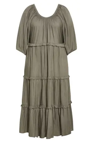 City Chic Ophelia Ruffle Tiered Dress - Khaki