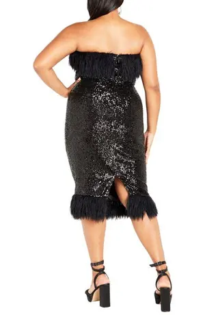 City Chic Sequin Feather-trim Strapless Dress - Black