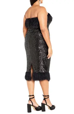 City Chic Sequin Feather-trim Strapless Dress - Black