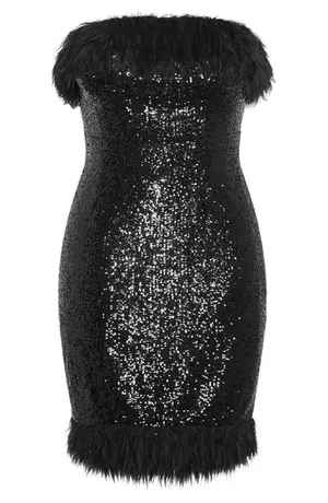 City Chic Sequin Feather-trim Strapless Dress - Black