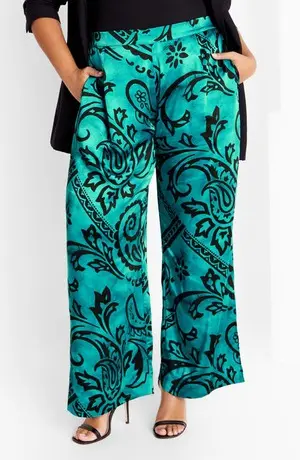 City Chic Belen Print Pull-on Wide Leg Pants - Green Print