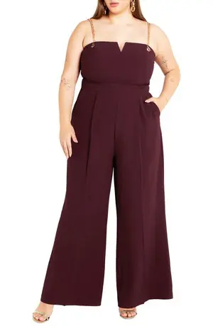 City Chic Nylah Chain Strap Wide Leg Jumpsuit - Burgundy