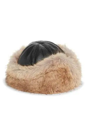 STAND STUDIO Sable Faux Leather & Faux Fur Trapper Hat - Black/natural