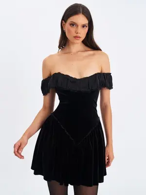 MISS CIRCLE NEW YORK Daisha Lace Trimmed Off-shoulder Ruched Mini Dress