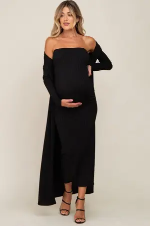 PINKBLUSH Ribbed Sleeveless Dress Cardigan Set - Black
