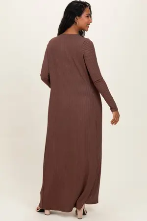 PINKBLUSH Ribbed Sleeveless Dress Cardigan Set - Brown